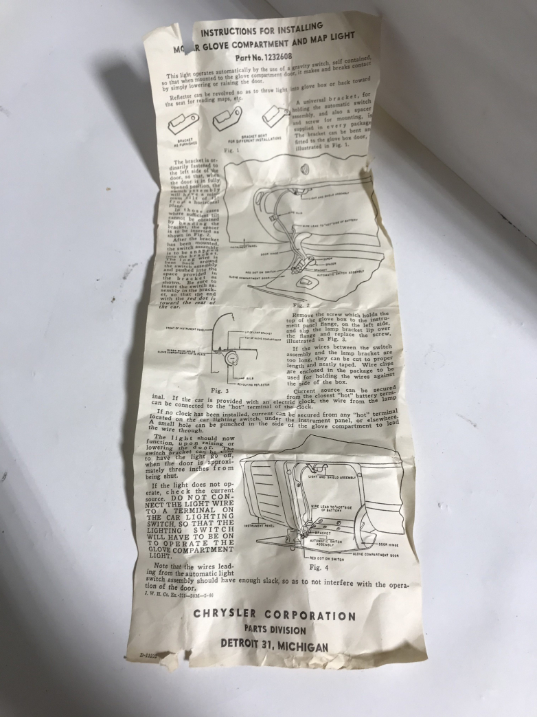 MoPar Map Light, NOS - 1946-1952 Plymouth, Dodge, DeSoto, Chrysler